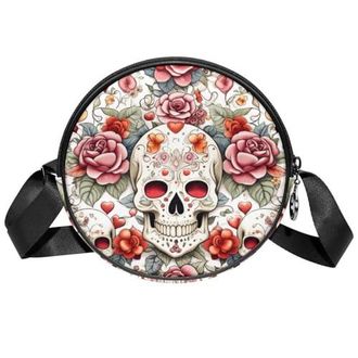 Generic Petit sac &agrave; bandouli&egrave;re circulaire pour femme, motif cr&acirc;nes floraux, petit sac &agrave; dos &agrave; bandouli&egrave;re avec fermeture &eacute;clair, bretelles r&eacute;glables, sac &agrave; m