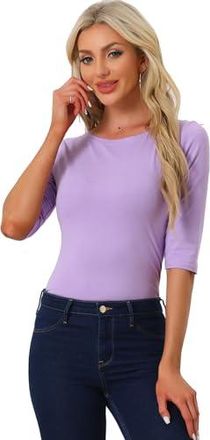Allegra K T-Shirt ajusté à col Rond à Manches coudées pour Femme Violet Clair L