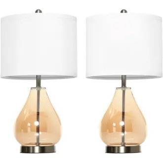 HOMCOM 2-Set Tischlampen Tischleuchten E27-Fassung Nachttischlampe 40 w Glas Leinen Metall Bernstein &Oslash;30 x 56H cm - Homcom