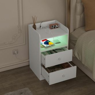 Woltu 1x Nachttisch mit 2 Schubladen offenem Fach und LED-Licht Nachtkommode Hochglanz Beistelltisch mit 2 Steckdosen 2 usb Nachtschrank f&uuml;r Wohnzimmer