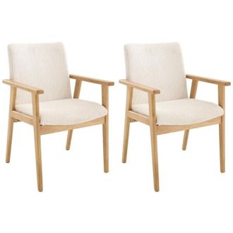 Vente-Unique Lot de 2 chaises avec accoudoirs en velours c&ocirc;tel&eacute; et bois dh&eacute;v&eacute;a - Cr&egrave;me - FILDON