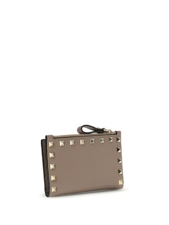 Valentino Garavani Womens Rockstud Zip Card Holder Poudre Calf Leather Bos Taurus Wallet