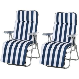 OUTSUNNY Lot de 2 chaise longue bain de soleil adjustable pliable transat lit de jardin en acier bleu + blanc