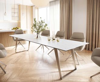 DELIFE Esstisch Edge 300x100 Keramik Laminam Statuarietto Weiß Edelstahl Schräg, Esstische