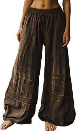 Generic Pantalon Femme Large L&eacute;ger &Eacute;t&eacute; en Lin Ample Holiday Style Retro Linen Ethnic Print Casual Pants for Women Comfortable Relaxed Fit Perfect for Summer B