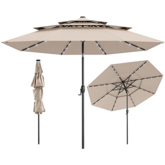 Costway Costway - Parasol de Patio Solaire de 313 cm avec 32 Lumi&egrave;res led, Toit A&eacute;r&eacute; &agrave; 3 Niveaux, R&eacute;glage dInclinaison, Manivelle Facile, 8 Barres, Beige