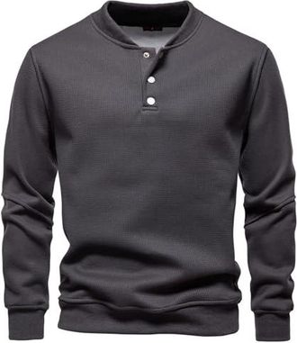 Generic Chemise Henley thermique en tricot gaufré pour homme, quart de bouton, col en V, coupe ajustée, pull Henley à manches longues pour homme, gris foncé, 
