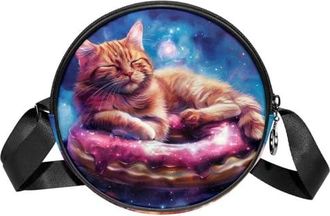 Generic Petit sac &agrave; bandouli&egrave;re rond pour femme, motif chat galaxie, sac &agrave; dos avec fermeture &eacute;clair, bretelles r&eacute;glables, sac &agrave; main rond d&eacute;contract&eacute; pour fe