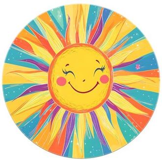 Generic Aquarelle Dessin anim&eacute; Tapis Rond Soleil et &eacute;toiles, Motifs Joyeux, Tapis lavables antid&eacute;rapants pour Chambre dEnfant, Salon et Cuisine 200x200cm