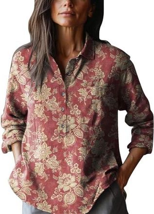 Generico Chemise Femme &Eacute;l&eacute;gant &agrave; Manches Longues Chemises en Lin Coton Curvy Grande Taille T Shirt Col en V Doux Blouse Vintage Imprim&eacute; avec Boutons Classique 