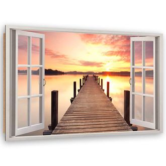 Feeby Wandbilder Wohnzimmer 90x60 cm, Deko Paneel Bilder, Bilder für Schlafzimmer, Echter Gemalter Effekt, Moderne Wanddeko, Gemälde - Fensterblick, Sonnenu