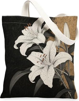 Generic Sac fourre-tout en toile de lys japonais pour le shopping, 33 x 38 cm, sac d&eacute;picerie r&eacute;utilisable pour femme, peinture florale esth&eacute;tique, d&eacute;coration 
