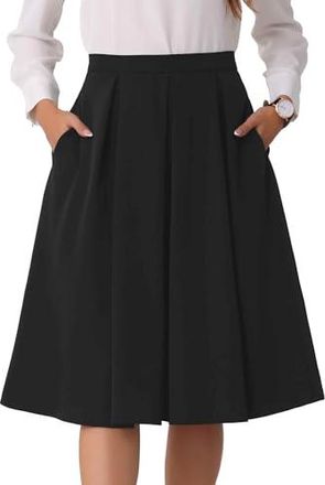Allegra K Jupe Trapèze Taille Haute Femme Jupe Midi Plissée Évasée avec Poche Jupe en Mousseline de Soie Jupe A Line de Bureau Noir M