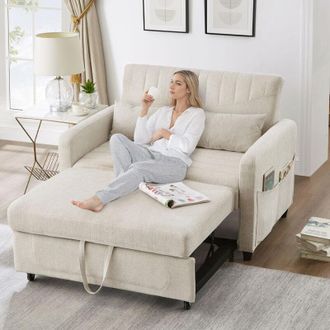STILVORA Canap&eacute; Convertible 2 Places avec Dossier R&eacute;glable 3 Positions et Coussin, sur Roulettes, Design Gain de Place, Structure Bois M&eacute;tal en Tissu Beige