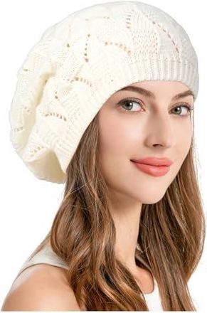 Generic 2026 Béret léger en tricot doux et aéré avec découpe au crochet, blanc, Taille unique