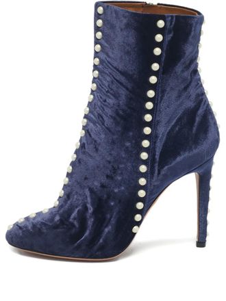 Aquazzura bottines Follie en velours orn&eacute;es de perles - Bleu