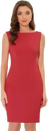 Allegra K Robe Fourreau Femme sans Manches Robes Business de Bureau Décontractées à Col Bateau Robe Midi Moulante Cocktail Rouge XL