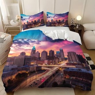 Generic Bettw&auml;sche 135x200 cm Stadtarchitektur 3 Teilig Bettbezug 135 x 200 Nachtansicht Bettw&auml;sche-Sets 3D Weiche Mikrofaser Bettbezug Set mit Rei&szlig;verschluss