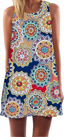 Ocean Plus Damen Sommer Mini &Auml;rmellos Bunt Tops Kleider Pfau Strandkleider Kurz A-Linie Kleid Ohne Arm Feizeitkleid (XXL (EU 42-44), Bunt Blumenrad)