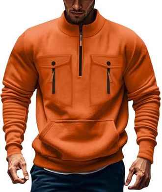 Generic Sweat-shirt sans capuche en polaire pour homme - Demi-fermeture &eacute;clair - Manches longues - Coupe droite - Confortable - T-shirt dext&eacute;rieur doux - Prin