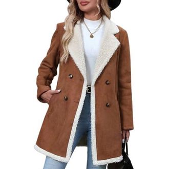 Generic Manteau long doubl&eacute; Sherpa en daim synth&eacute;tique pour femme, revers crant&eacute; &agrave; double boutonnage, fourrure polaire, manteau dhiver chaud, marron, L