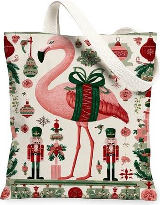 Generic Sacs fourre-tout en toile motif oiseaux tropicaux de No&euml;l, sacs d&eacute;picerie r&eacute;utilisables, l&eacute;gers et lavables avec bandouli&egrave;re pour voyage, plage, pique