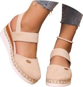 Generic Sandales orthop&eacute;diques compens&eacute;es pour femme avec sangle de cheville, bout ferm&eacute;, antid&eacute;rapant, style boh&egrave;me, &agrave; talon bas, soutien de la vo&ucirc;te plantai