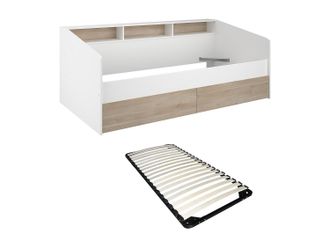 Vente-Unique Bett 90 x 190/200 cm mit Stauraum + Lattenrost - Wei&szlig; & Holzfarben - Paulette