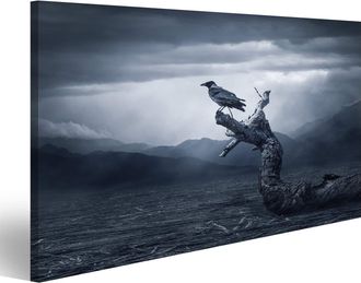 Islandburner Bild Bilder auf Leinwand Schwarzer Rabe im Mondschein hockte auf Baum. Gruselig, gruselig, gotische Einstellung. Bewölkte Nacht. Halloween Wandbild, P