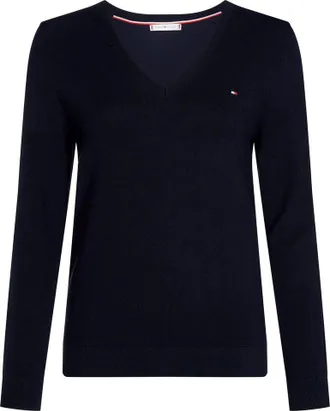 Tommy Hilfiger V-Ausschnitt-Pullover CO JERSEY STITCH V-NK SWEATER Kontrastfarbene Streifen im Ausschnitt und Logo Stickerei am &Auml;rmel