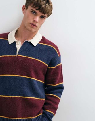 Abercrombie & Fitch pull polo en maille style rugby &agrave; rayures rouge et bleu marine