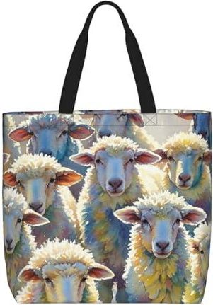 Generic Moutons Aquarelle Sac Fourre-Tout Imperm&eacute;able Tote Bag R&eacute;utilisable Sac Cabas Pour Voyage Travail Shopping