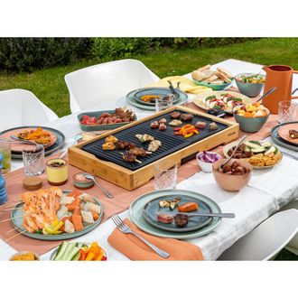 Tristar Elektro Tischgrill xl Bambus bbq Grill- und Bratplatte 51x25cm, 2200Watt