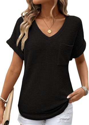 Dokotoo T-Shirts Damen Sommer Oberteile Kurzarm Waffel Strick Tops V-Ausschnitt Kurze &Auml;rmel Pullover Bluse Oberteil Locker L&auml;ssig Basic Einfarbig Tunika Bluse