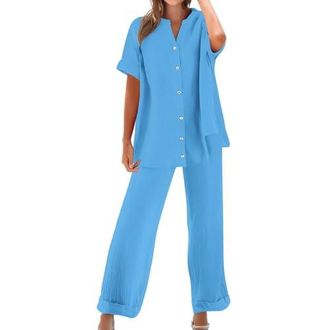 Generic Ensemble de pyjama 2 pi&egrave;ces &agrave; manches longues pour femme - V&ecirc;tement de d&eacute;tente tendance et confortable - Surv&ecirc;tement de nuit pour femme, bleu ciel, XX