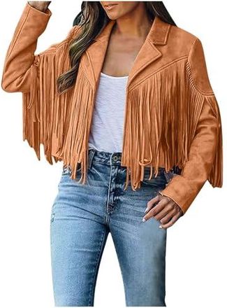 Generic Veste en similicuir à manches longues pour femme, style western concert à franges, vestes en daim synthétique, manteaux courts dautomne 2025, Orange, 