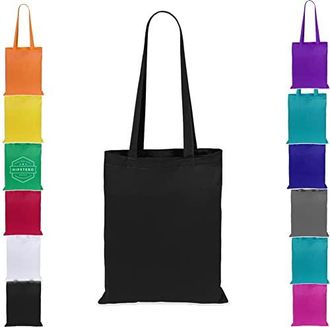 Generico Sac en coton 100% pour les courses, cabas avec poign&eacute;es longues de 70 cm, color&eacute;, Noir, 36x40x3 cm