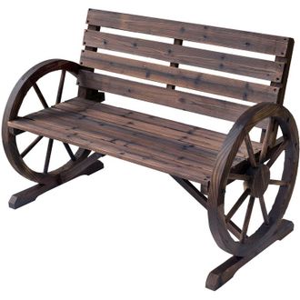 OUTSUNNY Banc de jardin 3 places style rustique chic accoudoirs roues charette bois sapin trait&eacute; carbonisation