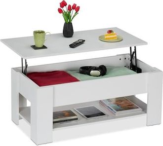 Relaxdays Couchtisch aufklappbar, HBT: 42x98x50 cm, Wohnzimmertisch mit Stauraum, zusätzliche Ablagefläche, modern, weiß