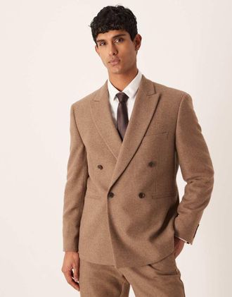 Asos Zweireihige Regular-Fit-Anzugjacke in Braun mit Wollanteil-Brown