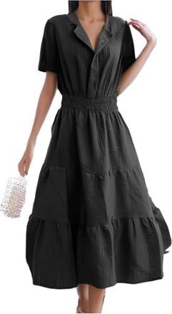 Generic Robe de plage boh&egrave;me 2026 pour femme d&eacute;t&eacute; 2025 d&eacute;contract&eacute;e midi maxi l&eacute;g&egrave;re &agrave; manches courtes col en V taille &eacute;lastique poches, Noir, XXL