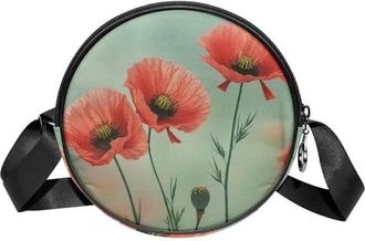 Generic Petit sac &agrave; bandouli&egrave;re rond pour femme, motif coquelicot floral, avec fermeture &eacute;clair, bretelles r&eacute;glables, sac &agrave; main rond d&eacute;contract&eacute; pour femmes 