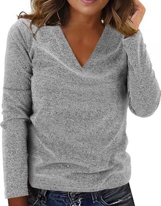 Generic Top femme paillet&eacute; grande taille haut &agrave; paillettes pour femmes au Royaume-Uni, t-shirt d&eacute;contract&eacute; col en V couleur unie pulls molletonn&eacute;s basiques &agrave; 
