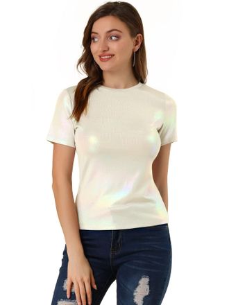 Allegra K Damen Party Metallic Strukturiertes Kurzarm Gl&auml;nzendes Multicolor TopHelles Silber Large