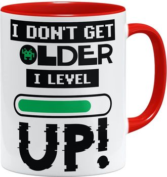 OM3 Video Gaming Geburtstagstasse f&uuml;r Gamer Tasse - I dont get older I level up - Keramik Becher - 11oz 325ml - Beidseitig Bedruckt - Rot