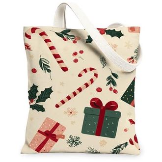 Generic Sacs fourre-tout en toile de vacances, motif canne &agrave; sucre dorge et feuille de houx, sacs de courses r&eacute;utilisables, sacs dhiver rustiques, l&eacute;gers et l