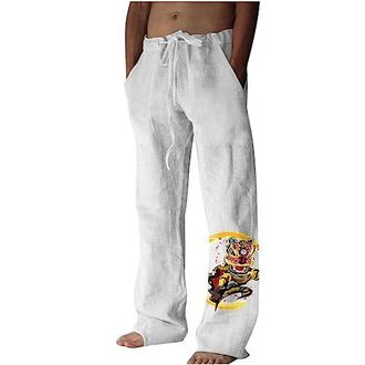 Generic Pantalon en lin pour hommes respirant : pantalon d&eacute;t&eacute; avec imprim&eacute; pantalon de plage avec taille &eacute;lastique pantalon de loisirs jambe droite pantalon &agrave;