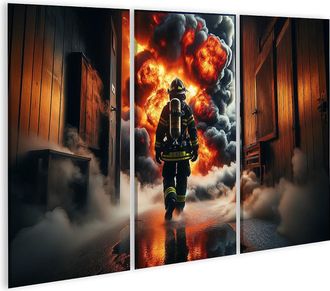 Islandburner Bild auf Leinwand Feuerwehrmann geht durch Rauch und Flammen zur Gefahr Bilder Wandbilder Poster