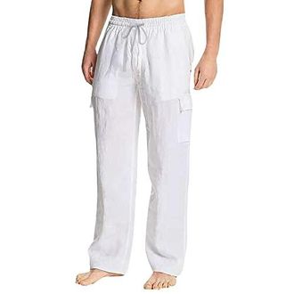 Generic Pantalon d&eacute;t&eacute; en lin pour homme - Pantalon en tissu avec poches - Pantalon de plage avec cordon de serrage - Jambes droites - Pantalon de jogging - Pa