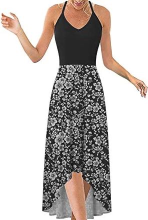 Generic Robe amincissante pour femme - Robe de plage ajust&eacute;e sans manches - Imprim&eacute; floral boh&egrave;me - Col en V - Tendance et &eacute;l&eacute;gante, Noir, S